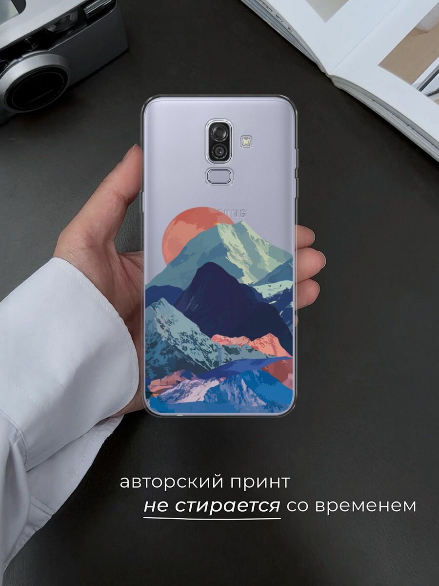 Чехол на Samsung Galaxy J8 / Самсунг Галакси Джей 8 с принтом "Закат в снежных горах", прозрачный — фото 1
