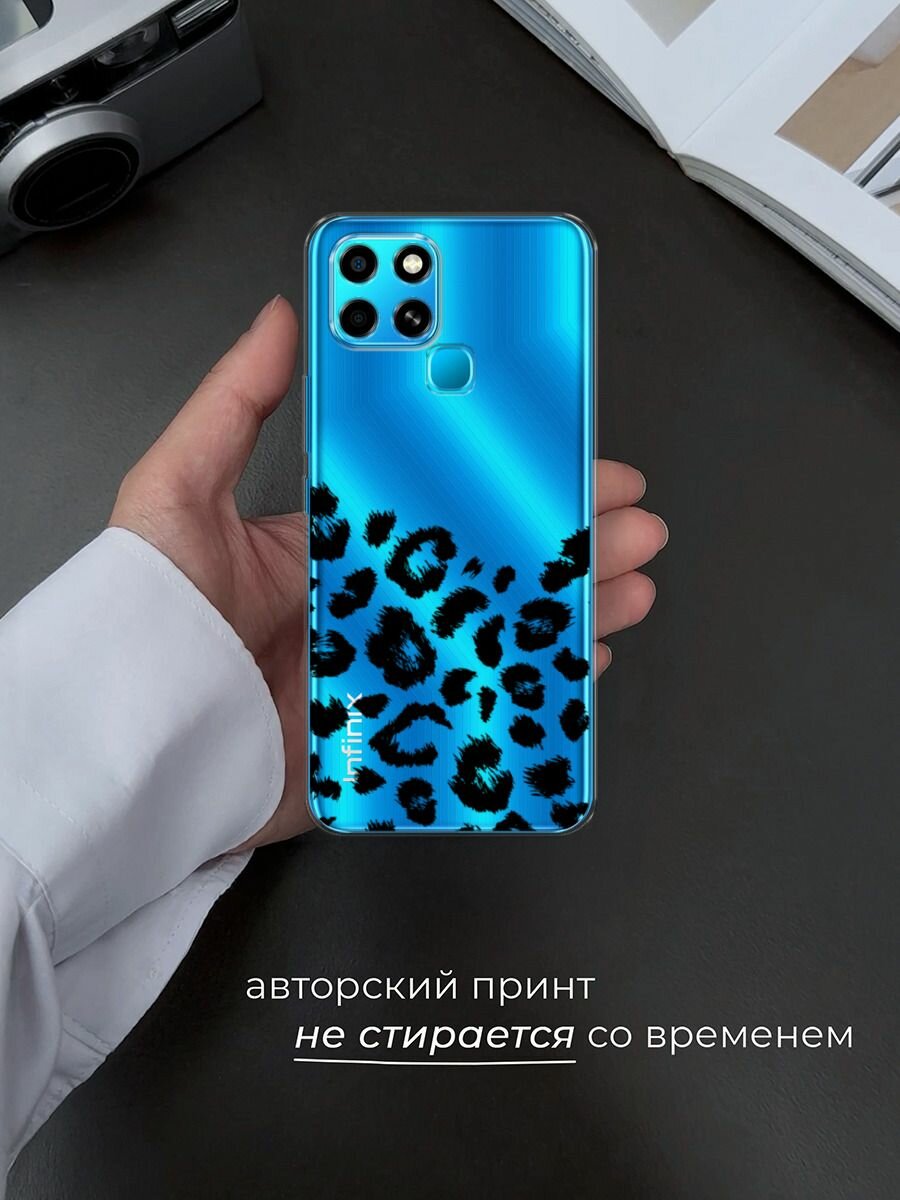 Чехол на Infinix Smart 6 / Инфиникс Смарт 6 с принтом "Окрас леопарда фон черный", прозрачный — фото 1