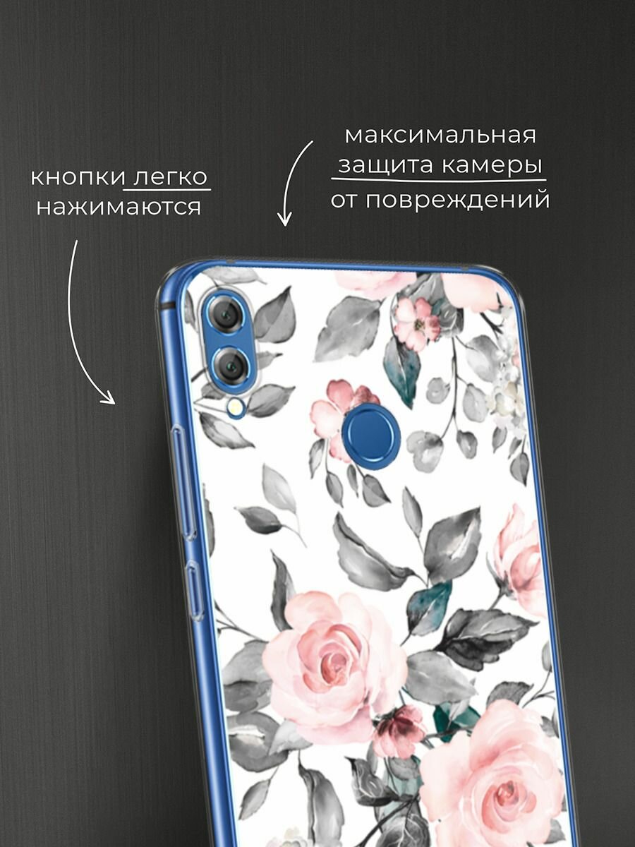 Силиконовый чехол на Honor 8X / Хонор 8Х с принтом "Розы на белом" — фото 1