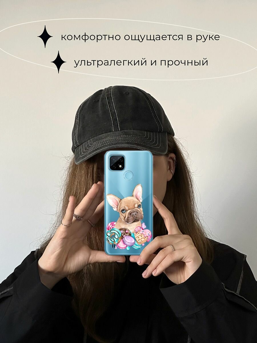 Чехол на Realme C21 / Реалми С21 с принтом "Бульдог и сладости", прозрачный — фото 1
