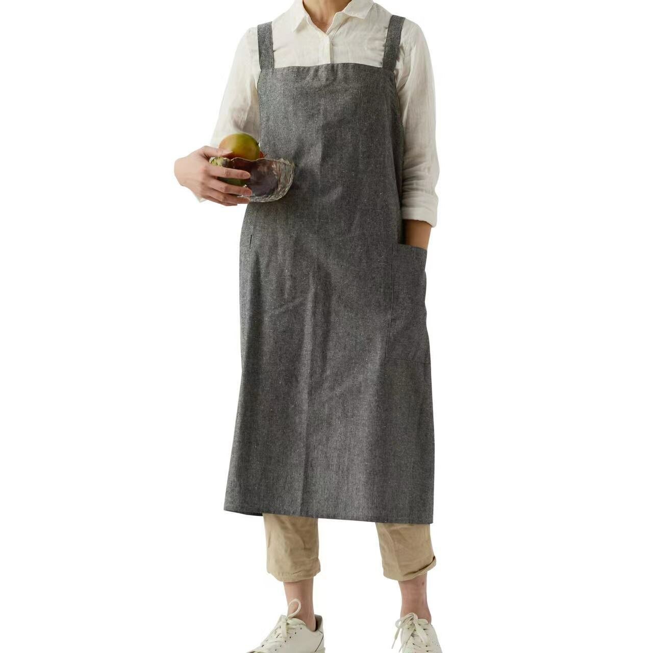 Регулируемый фартук из хлопка и льна с перекрещивающимися завязками на спине для мужчин и женщин. Большие фартуки в японском стиле с карманами для кухни, студии или рукоделия. Художественный дизайн в сером цвете.