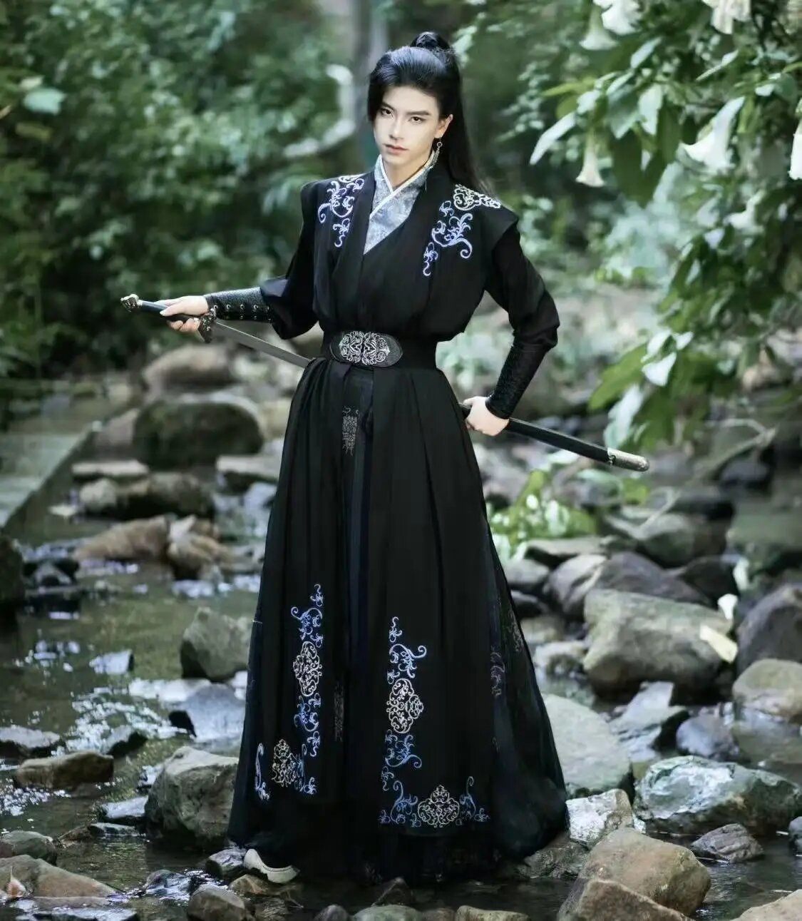 Мужской черный полиэстеровый ханьфу костюм XL, full set