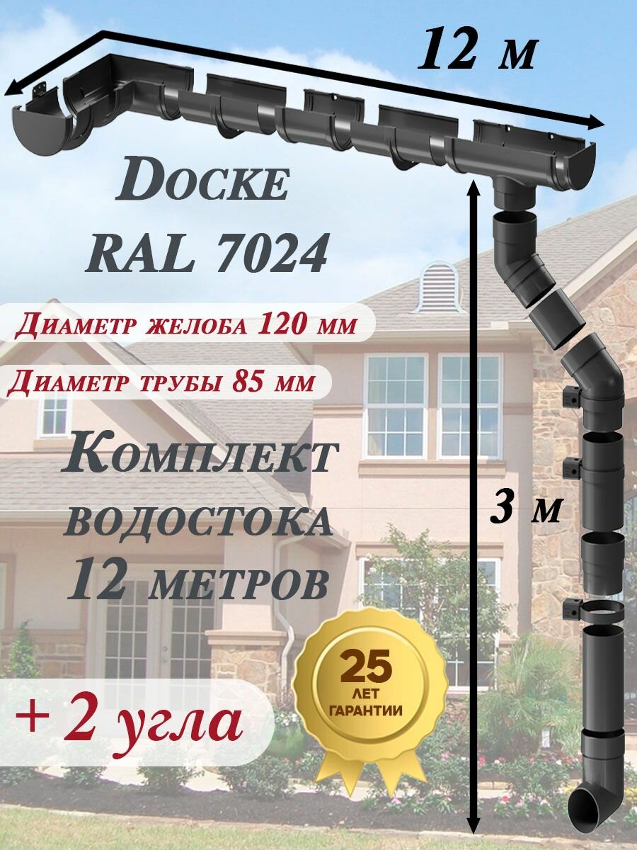 Комплект водосточной системы Деке Премиум 12 м карниза угловой (120мм/85мм) серый для вальмовой кровли с 2 (внешним/внутренним) углами, водосток Docke Premium (RAL 7024 графит) ПВХ