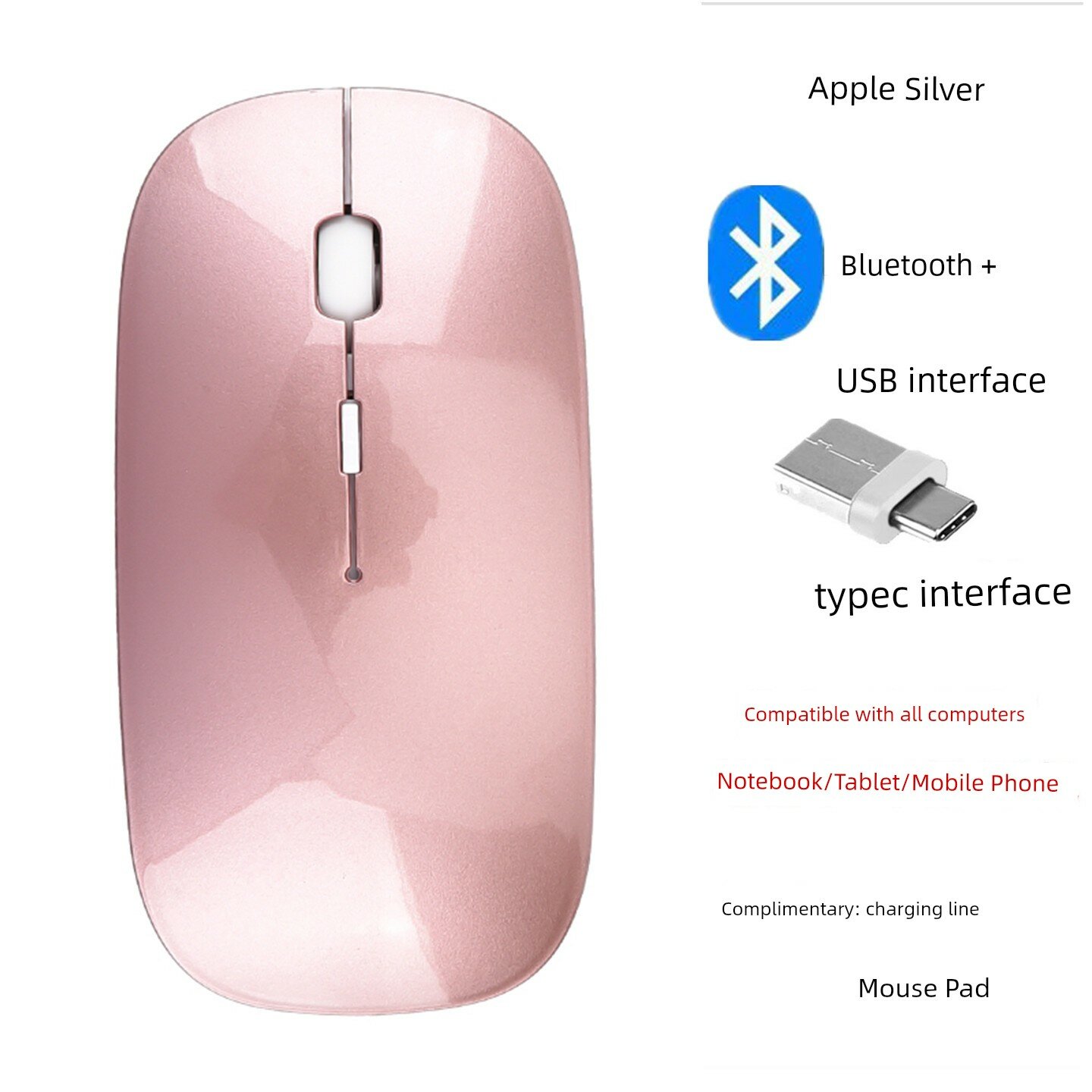 Розовая золотистая беспроводная мышь с Bluetooth, USB и Type-C для MacBook Air Pro iPad M1-M4