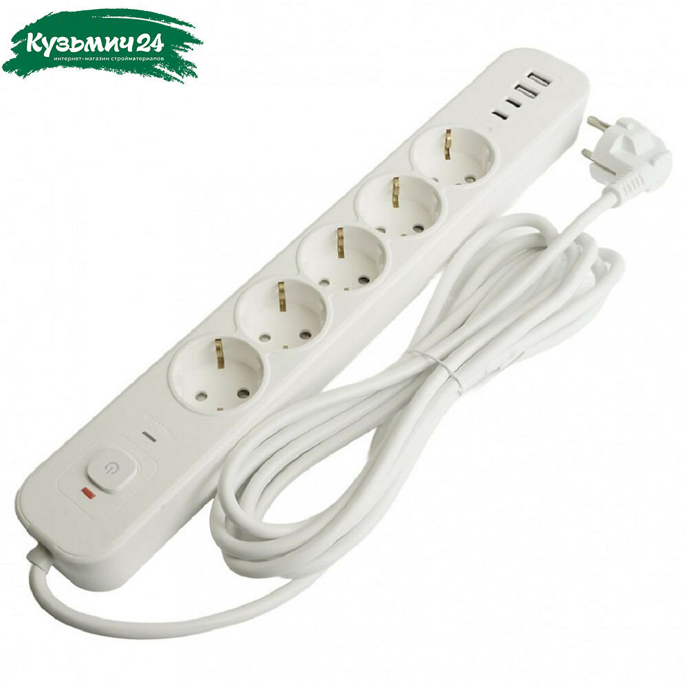 Фильтр сетевой Stekker HM21-51-03 Nova 50103, с заземлением, 5 розеток, 3 м, 3.52 кВт