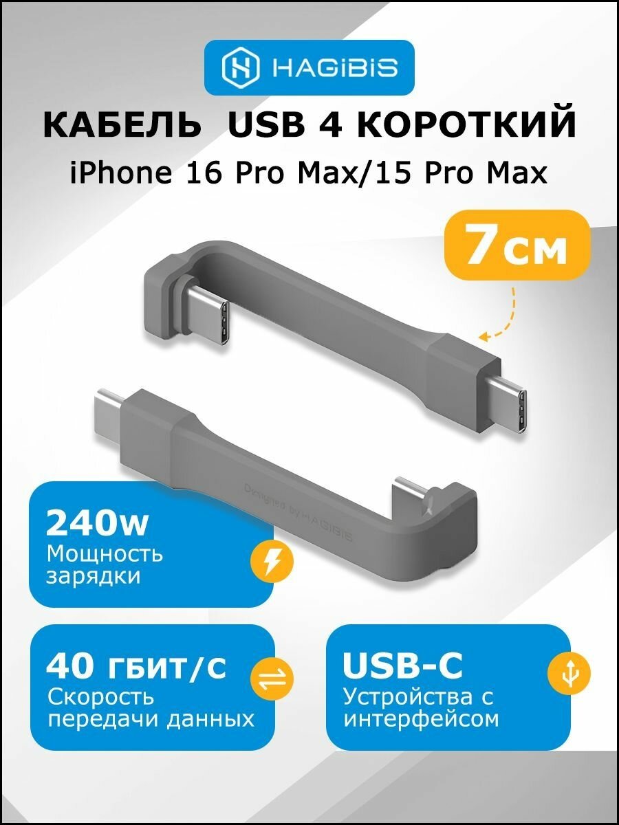 Кабель Hagibis USB 4 длинный, 240W, для зарядки и передачи данных, 8K видео для iPhone 16 Pro Max/15 Pro Max (7 см)