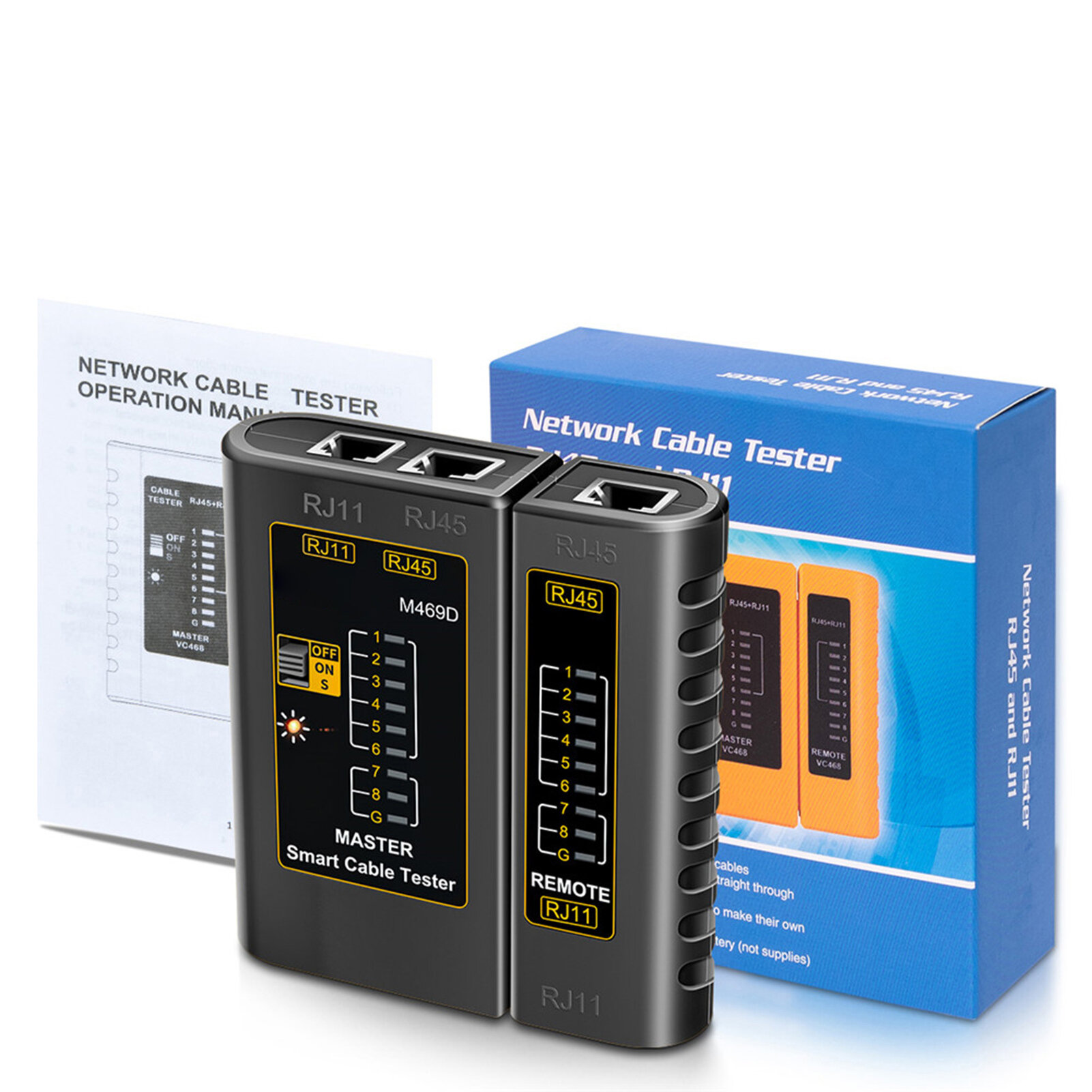 Тестер сетевых кабелей ANENG M469D, прибор для сопряжения телефонных линий RJ11 и RJ45 со светодиодным индикатором, проверка включения/выключения/экранированных сетевых кабелей/тестирование на больших расстояниях.