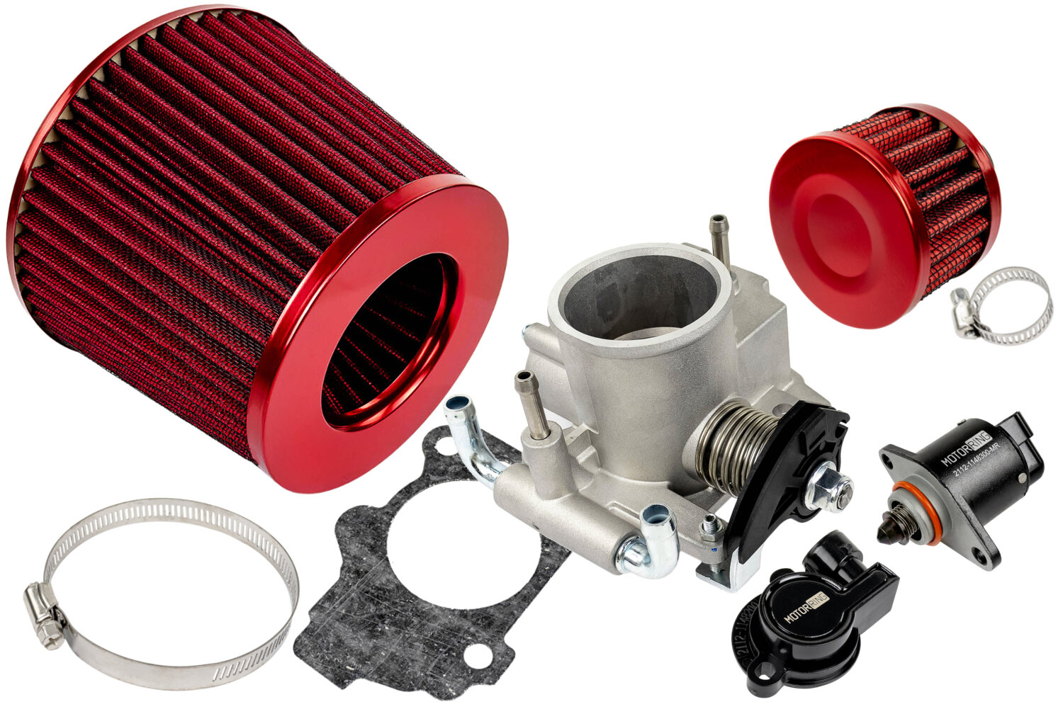 Комплект системы впуска MR нулевого сопротивления Красный (воздушный фильтр, фильтр картерных газов, масляная пропитка, дроссельная заслонка 46мм, прокладка, датчик положения заслонки, РХХ) для ВАЗ 2101-2107, 2108-21099, 2110-2112, 2113-2115, Лада Приора,
