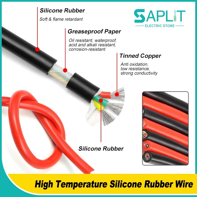 Высокотемпературный провод Силиконовый 2/3/4/6 жил 1-10 м Square 2.5mm, Black, 3 Cores x 2M