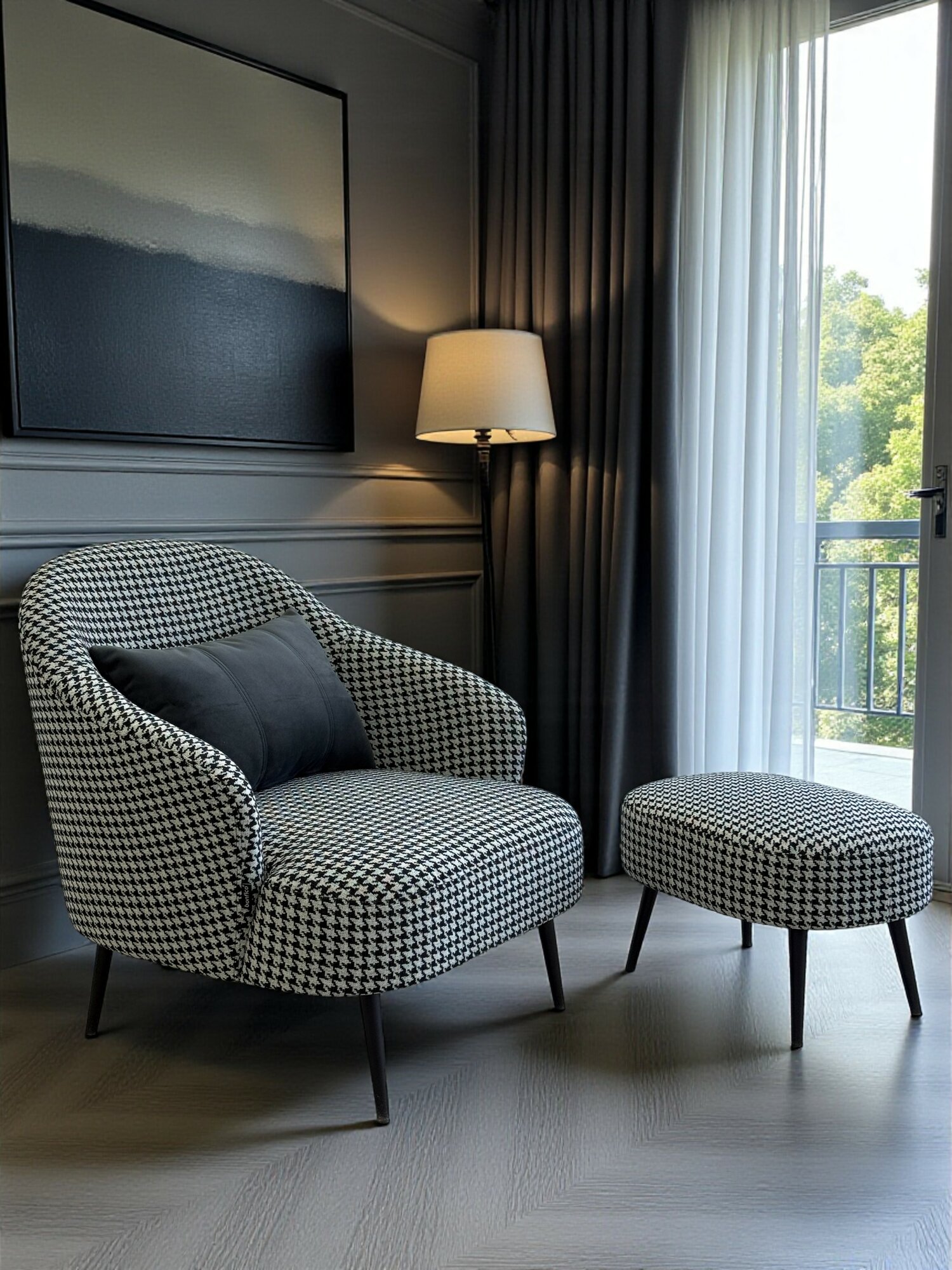 Кресло классическое Леон и пуф, для дома и отдыха, принт гусиная лапка