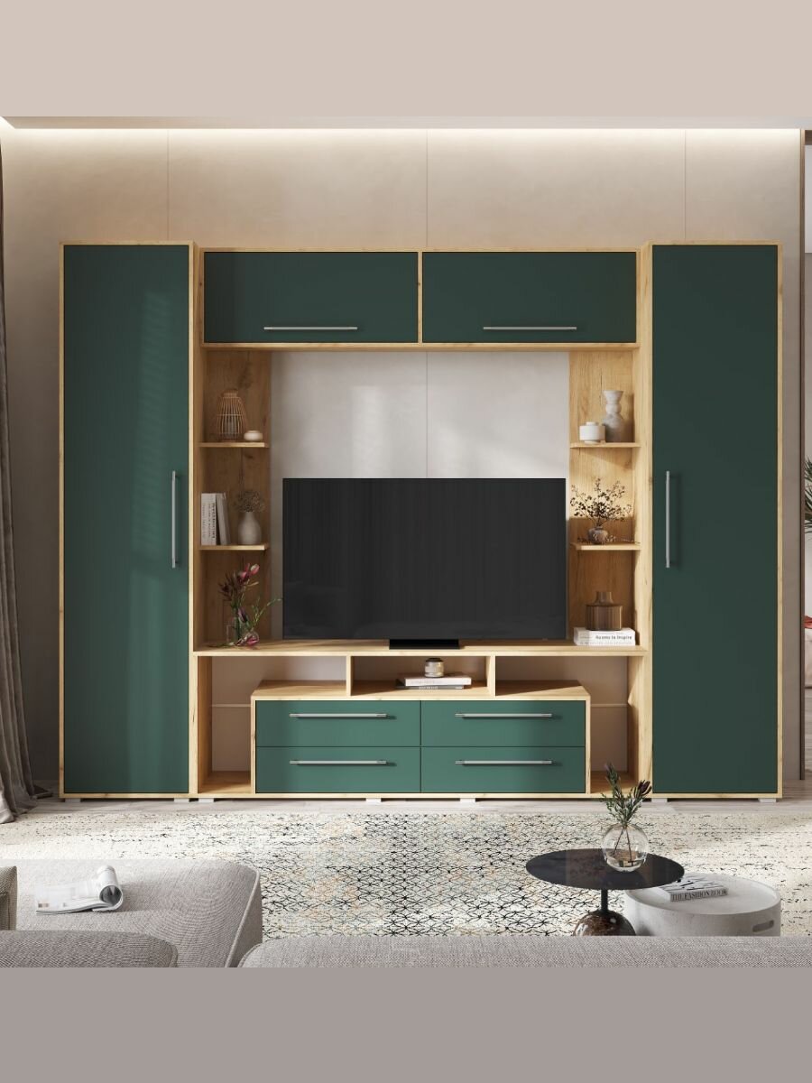 Гостиная Гармония МДФ/ЛДСП 2700х2100х440, Дуб крафт/Браш Мени Грин, МИФ