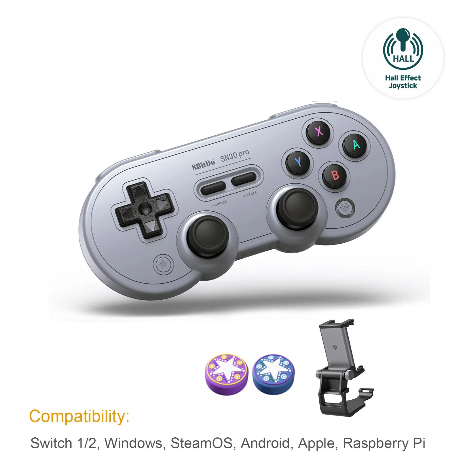 Беспроводной геймпад 8Bitdo SN30 Pro Bluetooth для Switch 2, MacOS, Android, Gray with Clip
