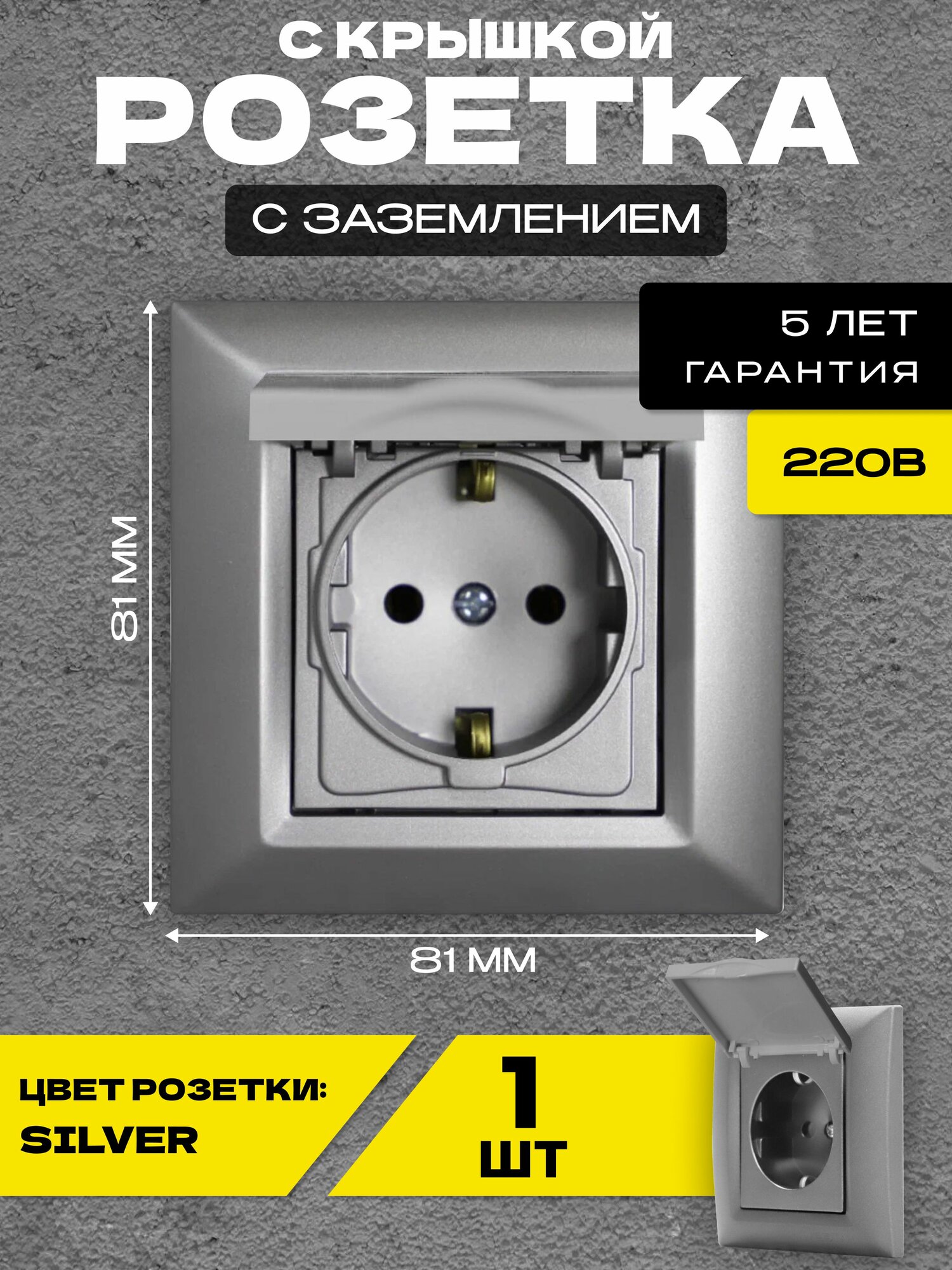 Розетка одинарная с заземлением с крышкой серебристая Metronex-Electric Roma Silver