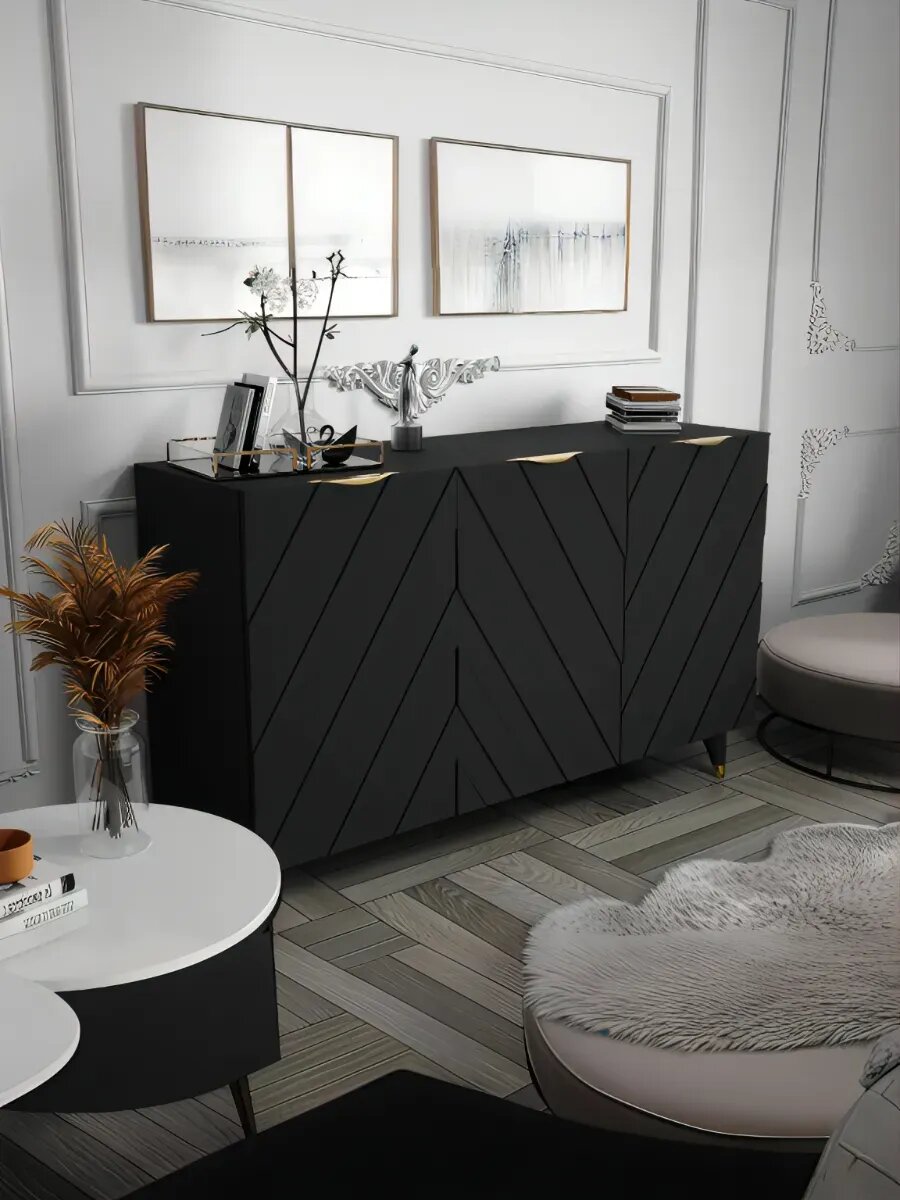 Комод для вещей большой и высокий ПМ-390.12, вкдп, 1434*440*882, МДФ, Черный софт, Черный