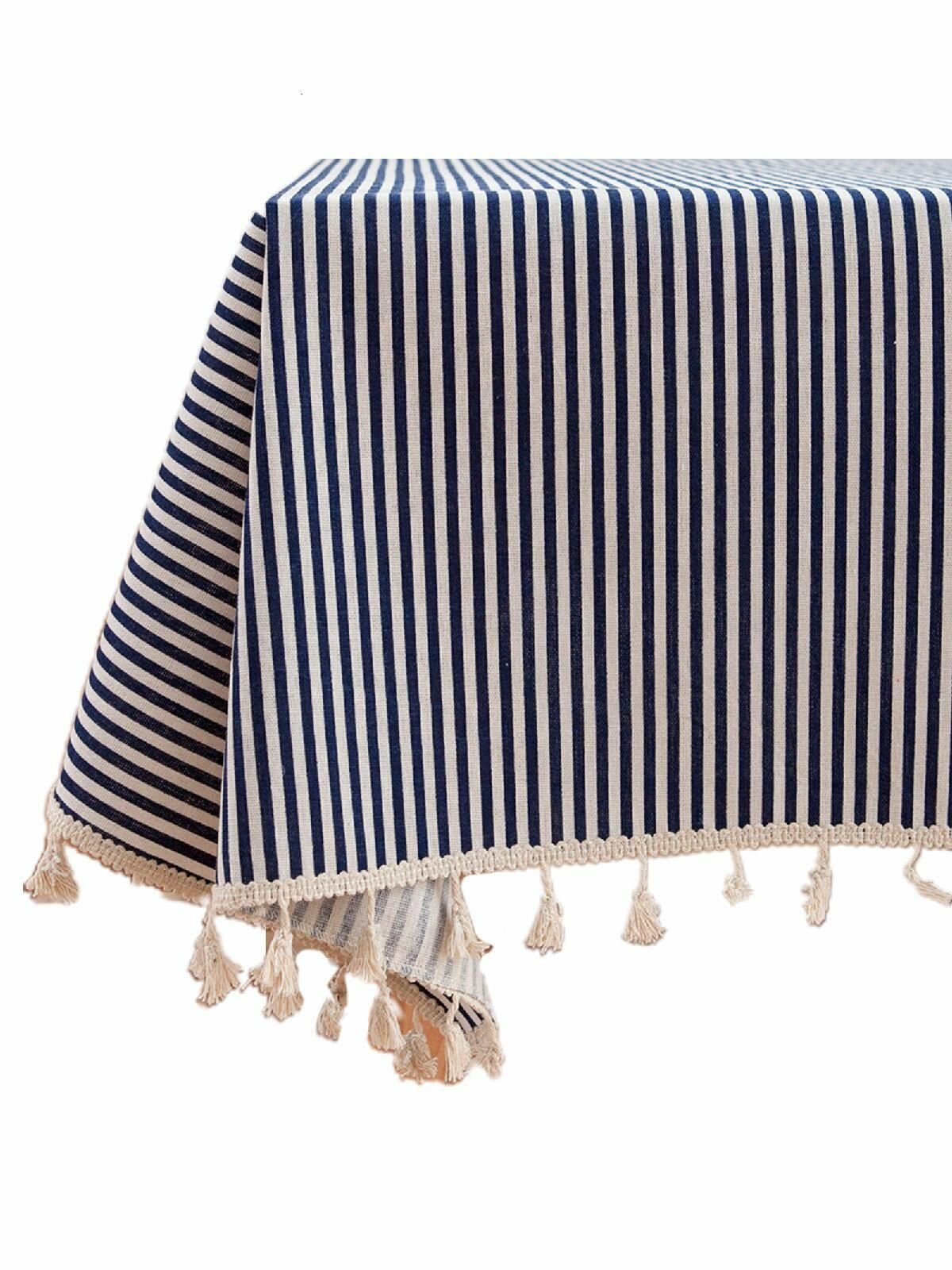 Скатерть, Пасторальная кружевная скатерть из хлопка и льна с кисточками (140*220) -темно-синие полосы