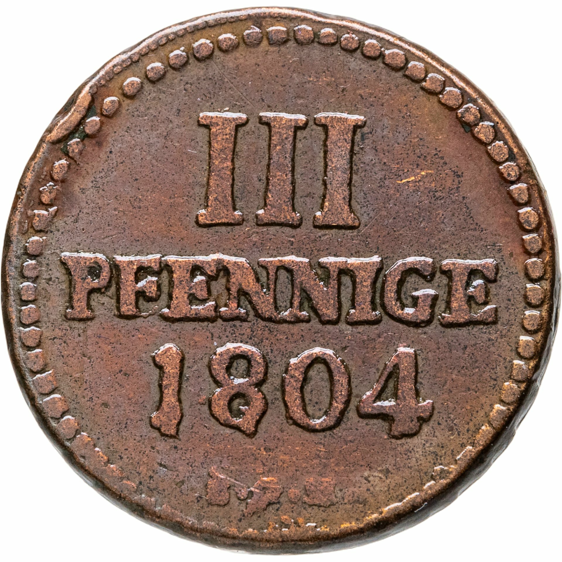 Германия, Саксония 3 пфеннига 1804, Медь, в сохранности VG-F