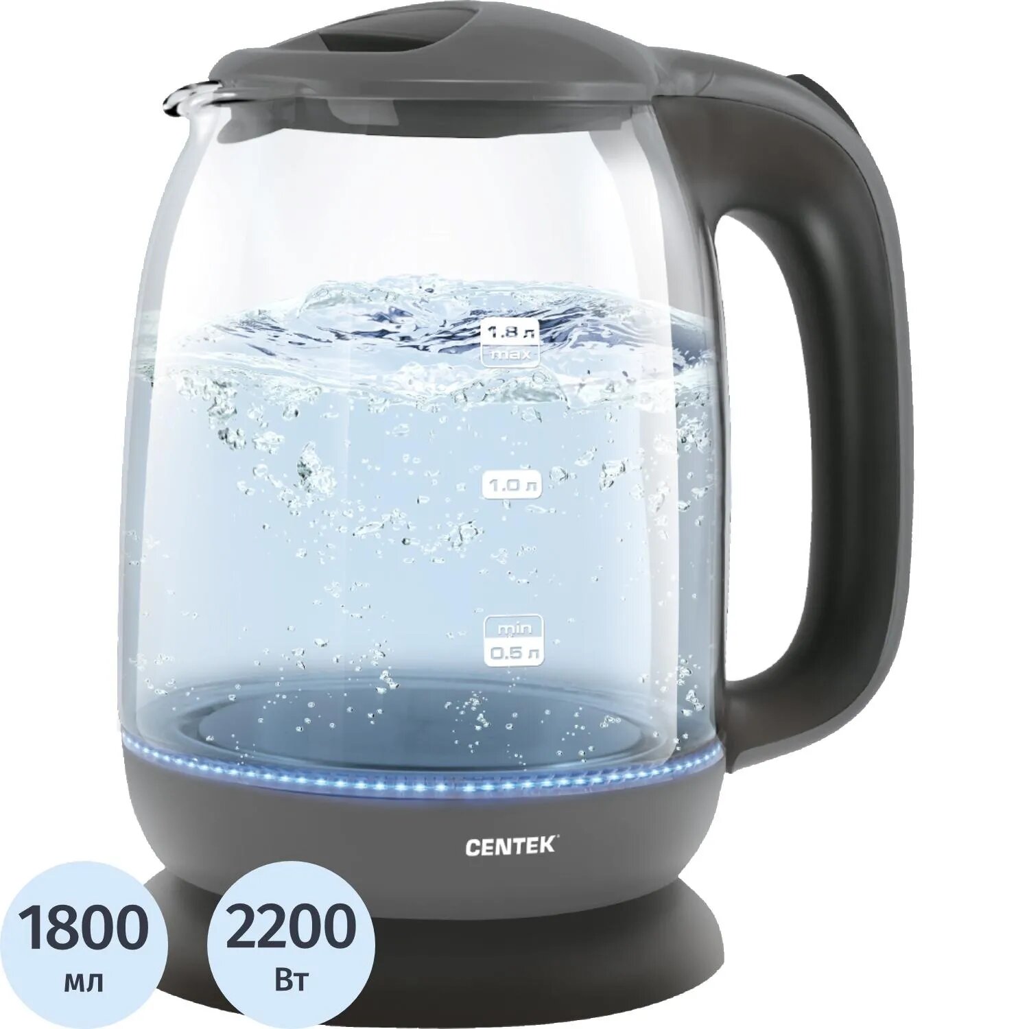 Чайник Centek CT-0034, 1.8л, 2200Вт, LED подсветка, кнопка, серый, стекло