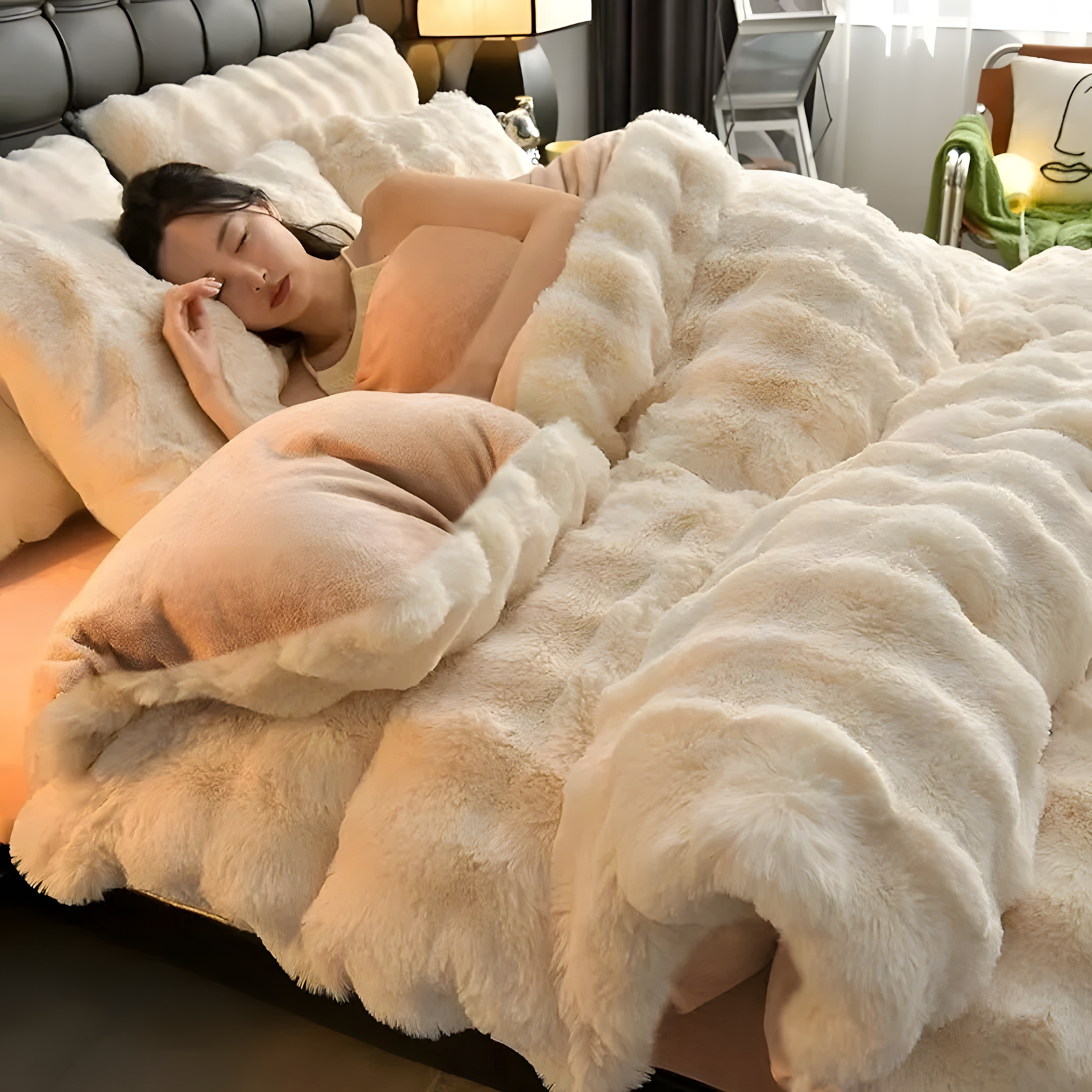 Комплект постельного белья, Мех искусственный, Евро, наволочки 48x74，Кроличий пух, комплект из четырех предметов