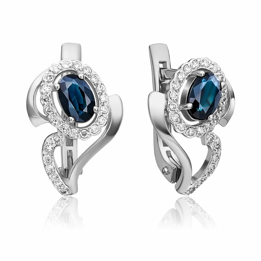 Серьги, белое золото, 585 проба, родирование, бриллиант, сапфир