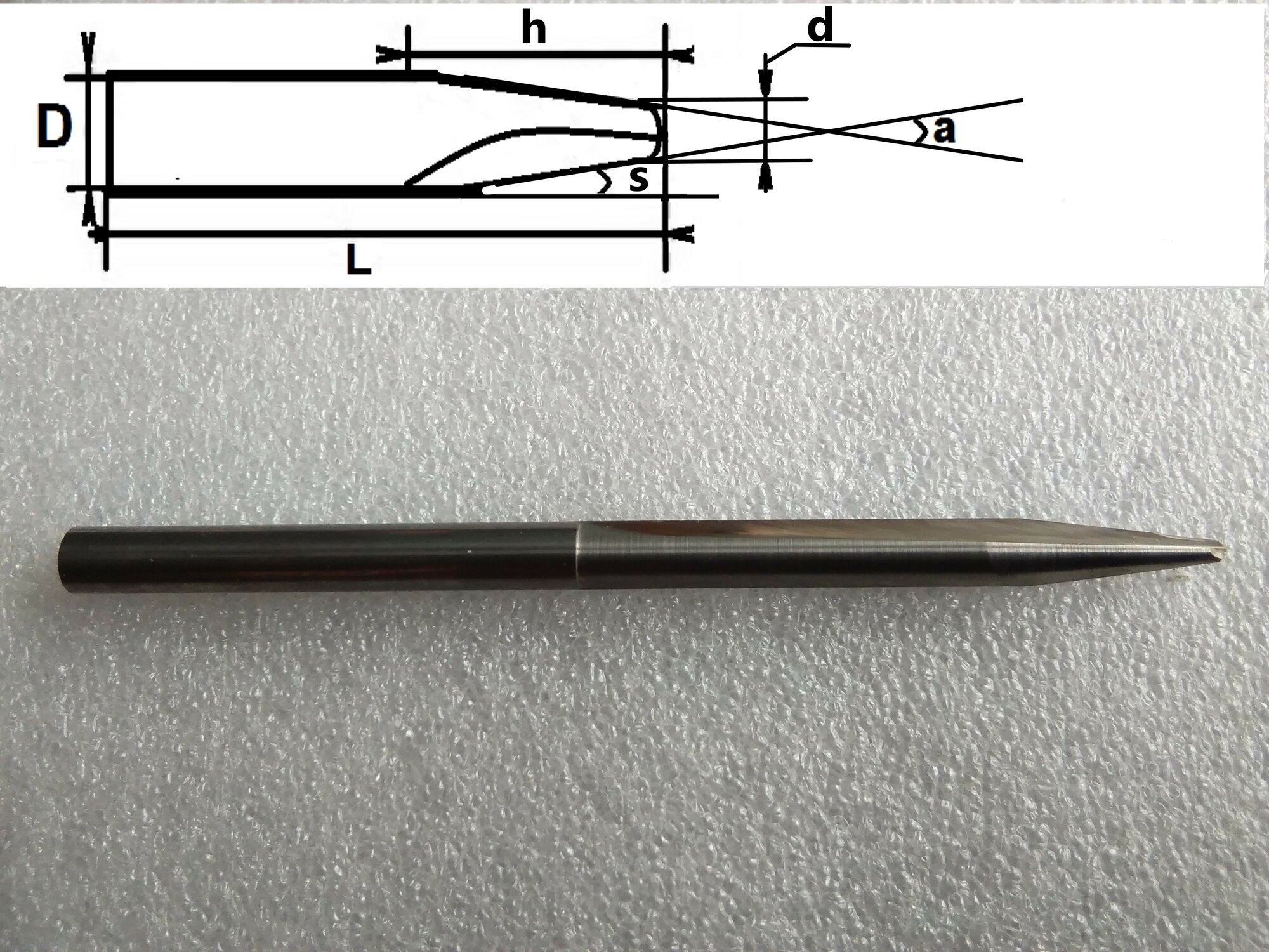 Фреза конусная прямая двухзаходная сферическая для (3D) ZQ6142: R-1.0 / d-2/ h-50/S-7/a-14/ D-6/ L-100. X series