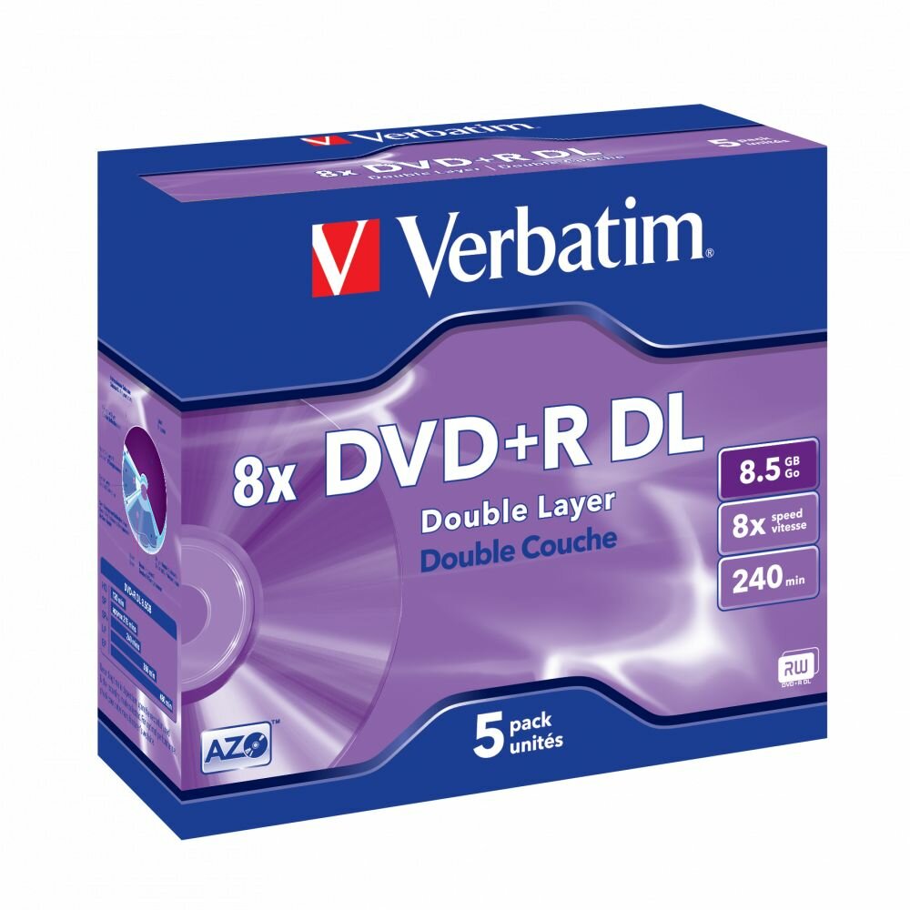 Оптические диски Verbatim DVD+R DL 8.5 ГБ 8X AZO серебристый матовый 5 шт. в коробках