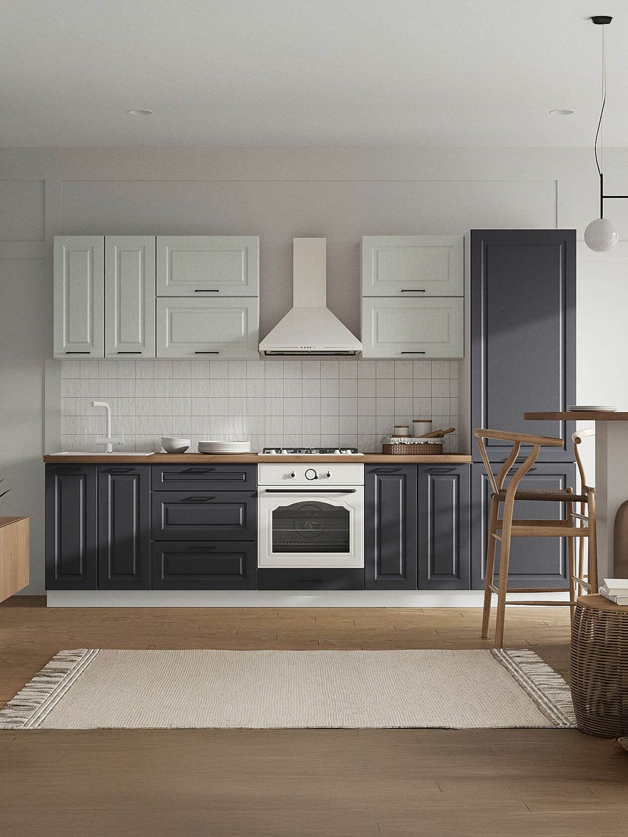 Кухонный гарнитур Шервуд 3 м, мебель для дома и кухни, Белый / Арктик / Шато индиго