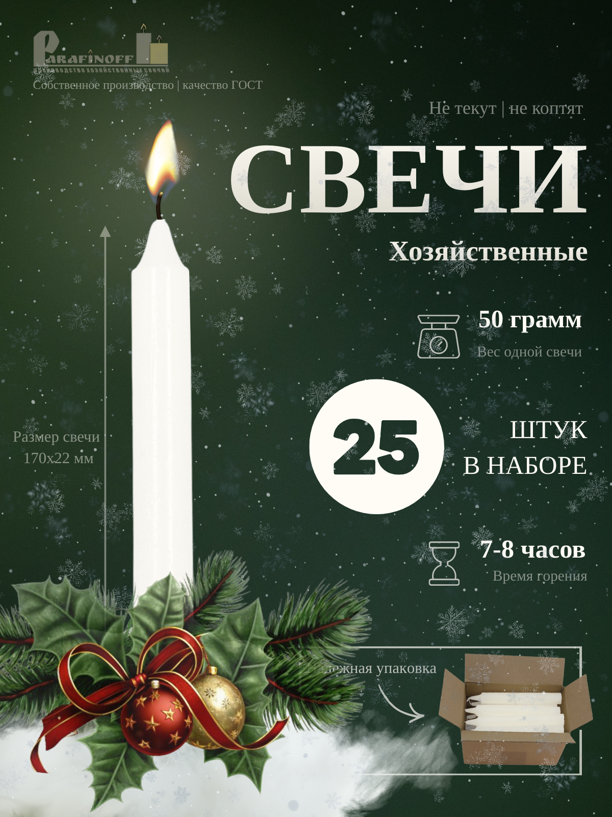 Свечи парафиновые / свечи хозяйственные бытовые белые Столбик без запаха 25шт 50 гр