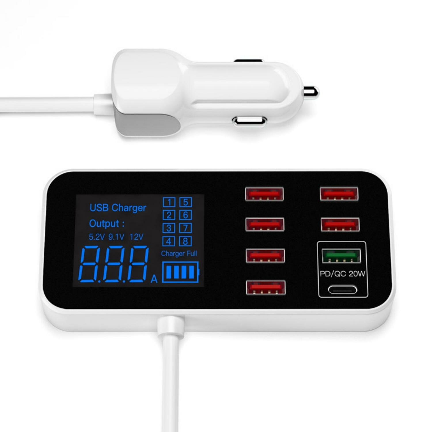 Зарядное устройство для автомобиля A9S 8 портов USB с LCD-дисплеем 12V для телефонов планшетов DVR белый + черный