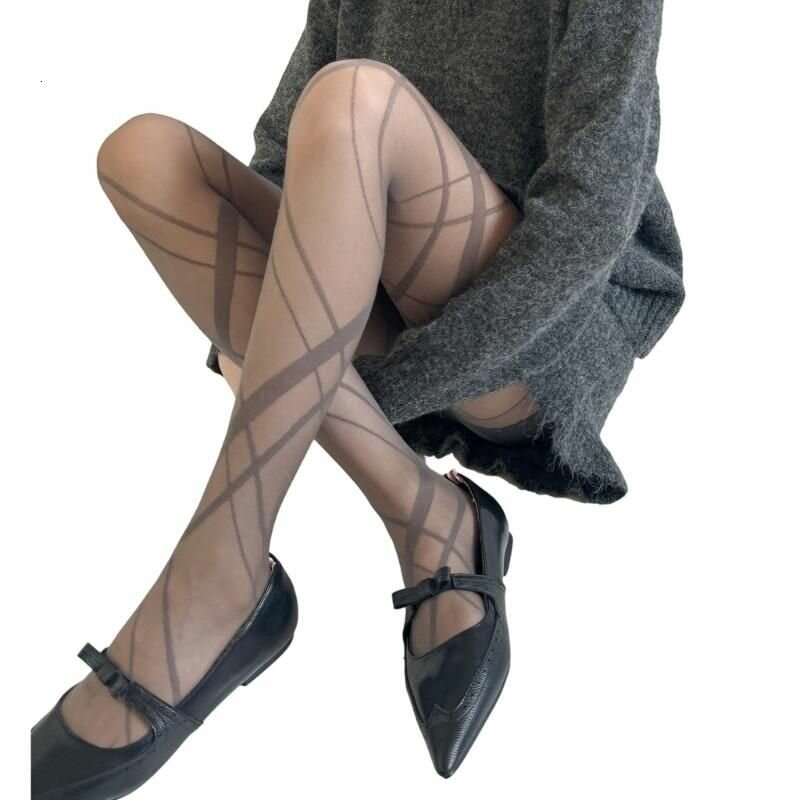 Жаккардовые чулки неправильной формы с ромбовидным крестом из прозрачной плоти-серый