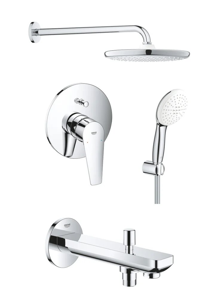 Душевой комплект Grohe BauEdge 1000190 5 в 1, встраиваемый, с внутренней частью в комплекте, со смесителем, с изливом, с тропическим душем, латунный, хром, глянцевый, душевая система