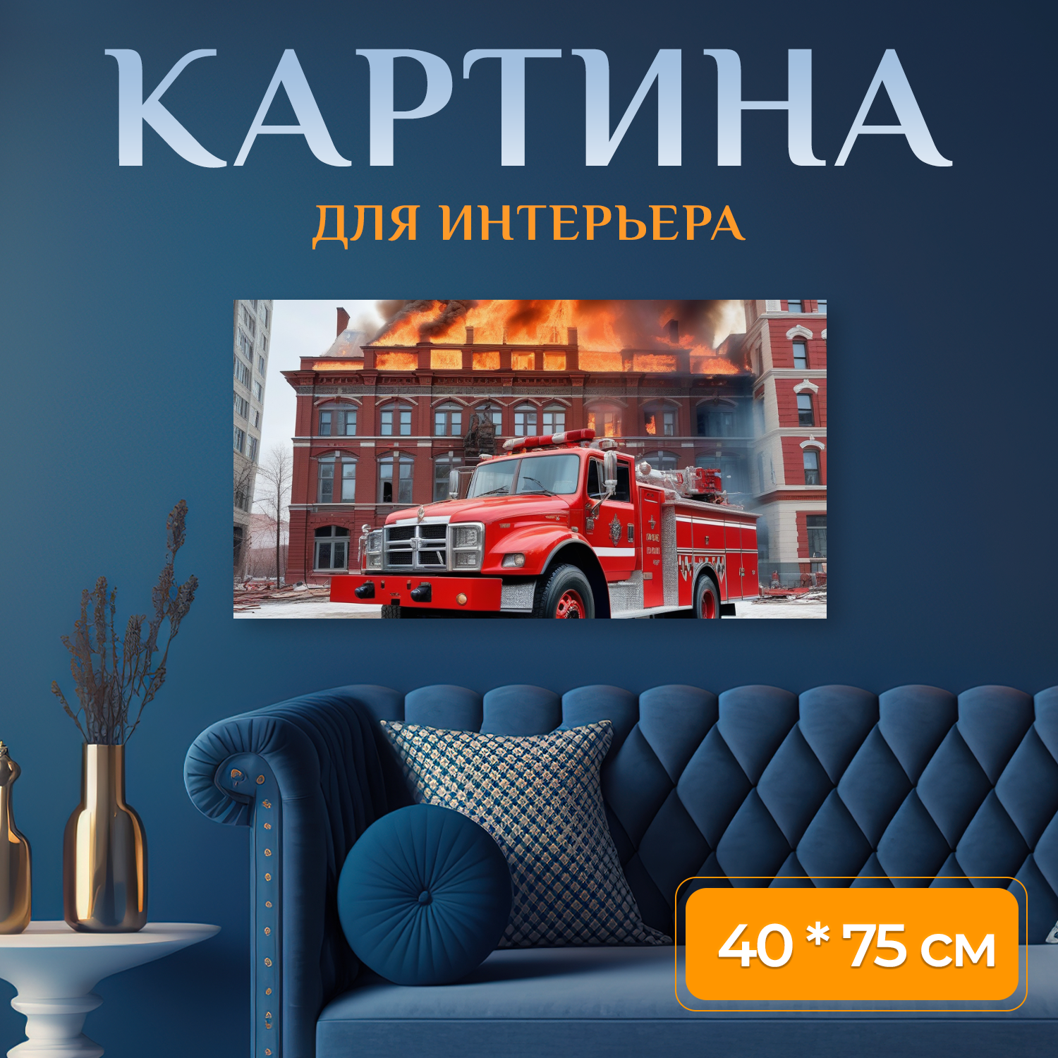 Картина на холсте "Автомобиль, тушить, мчс квартал огонь" на подрамнике 75х40 см. для интерьера