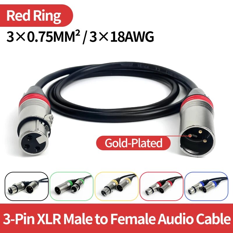Профессиональный аудиокабель XLR папа-мама 3-контактный позолоченный 3M, Red Ring