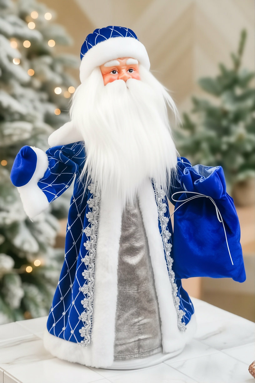 Фигура под ёлку ДЕД мороз С волшебным мешком в синем костюме, полиэстер, пластик, 45 см, Winter Deco 1000360