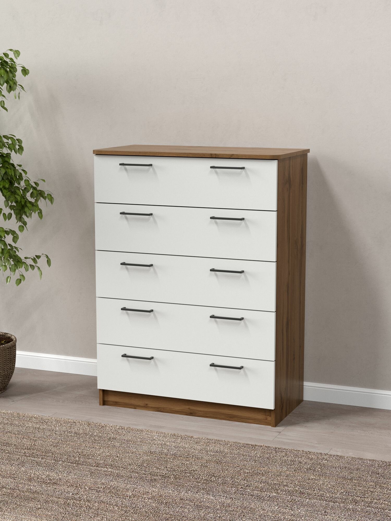 InHouse Комод Весна 5 Вотан/Белый 85х54х91, фасады ЛДСП