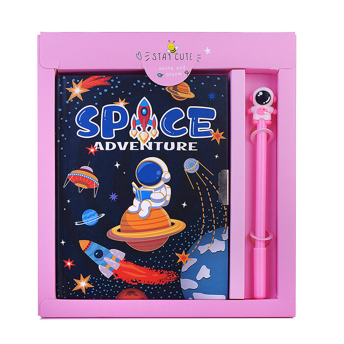 Подарочный блокнот в футляре, 20 см * 22,5 см, ручка, линия, 50 л, "Космос, приключения", розовый