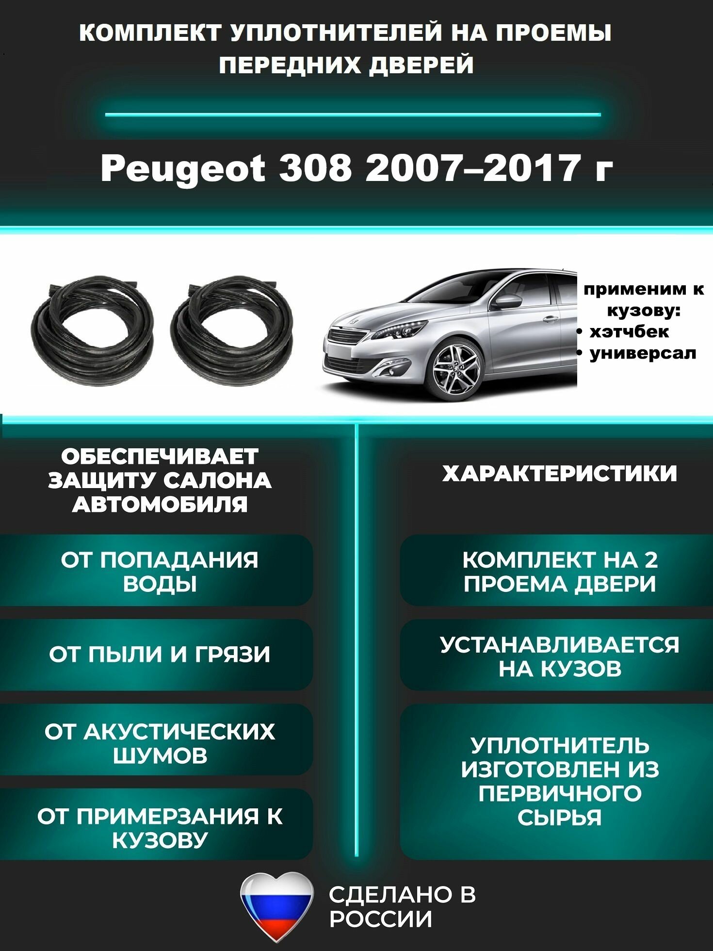 Комплект уплотнителей проема передних дверей на Peugeot 308 2007-2017 г / уплотнитель для Пежо / Пежот 308