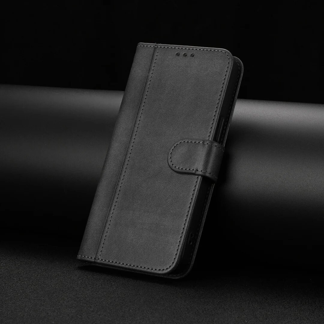 Кожаный чехол-бумажник на магнитах для Redmi Note 15 Редми заметка 15 Про 5Г, Черный, Black-(YB-16)
