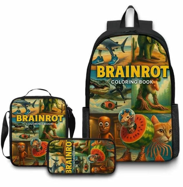 Школьный рюкзак с принтом из мультфильма"Brainrot Coloring Book" +сумка через плечо+ пенал 3 в1.