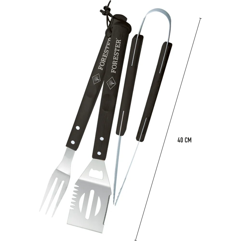 Набор для барбекю Forester из 3 предметов: лопатка, щипцы, вилка, деревянные ручки, основание из нержавеющей стали — фото 1