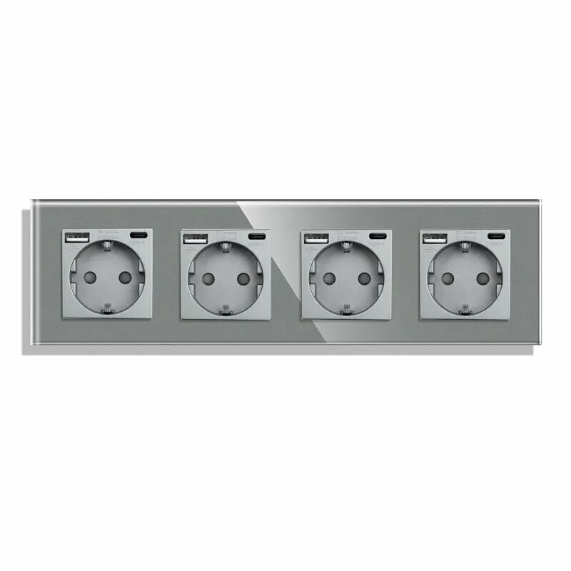Розетка электрическая с USB/TYPE-C AC с заземлением панель, 4 пост 16А, рамка закаленное стекло серый