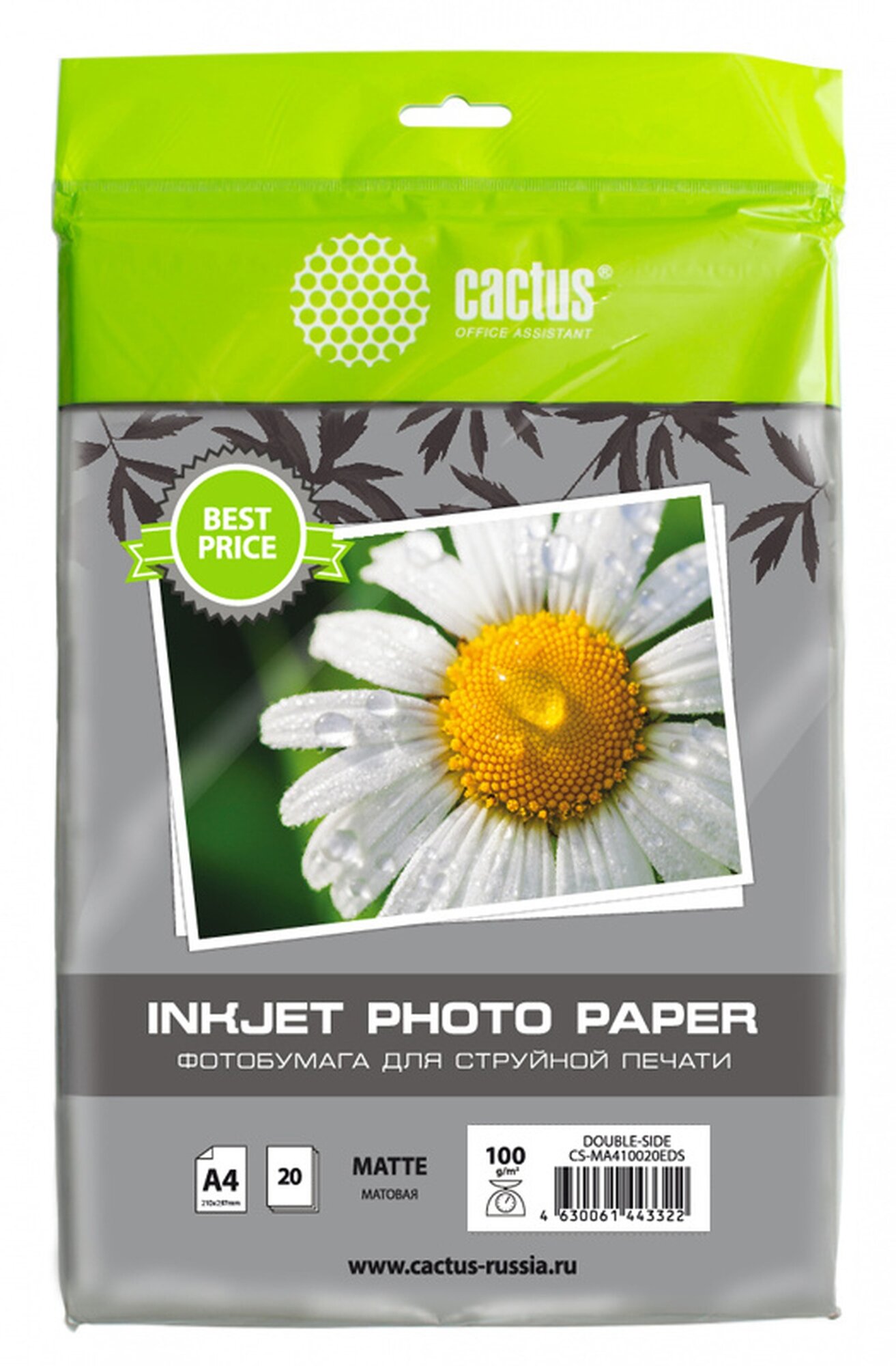 Фотобумага Cactus CS-MA410020EDS, A4, двусторонняя печать, матовая, 100г/м2