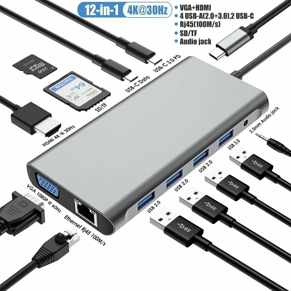 USB разветвитель 12 в 1 USB HUB Type C док станция Usb 3.0 хаб 3.0 переходник концентратор адаптер 4K HDMI VGA RJ45 Audio TF SD картридер для ноутбука для макбука Медиа-хаб USB 2.0