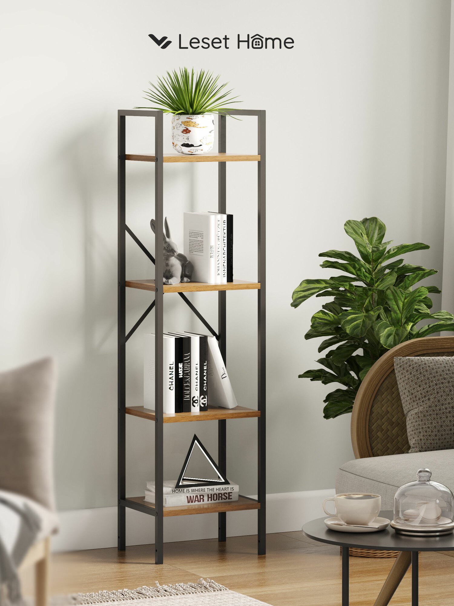 Стеллаж Leset "Стилвуд 14", 4 полки, металл, ЛДСП, черный, орех лион