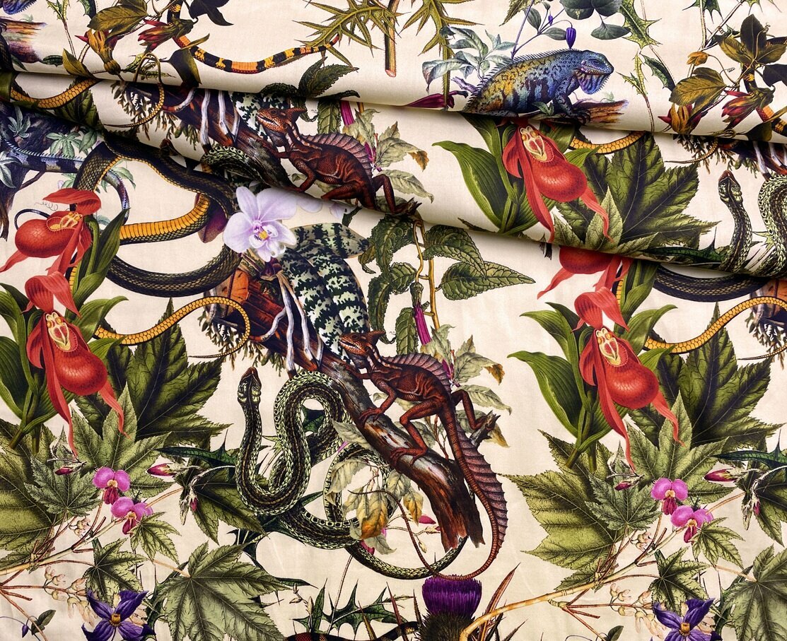 Ткань Хлопок бежевого цвета с принтом рептилия 14426