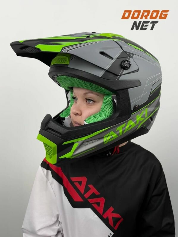Шлем кроссовый детский ATAKI SC-18 BLAZE - серый, Hi-Viz зелёный матовый размер YM