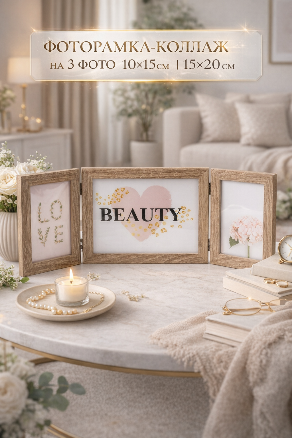Фоторамка - коллаж на 3 фото 10×15 см, 15×20 см "Бук" размер 18×49 см