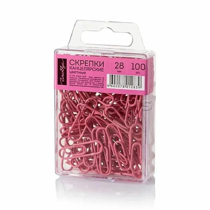 Скрепки канцелярские Глобус 28 мм, 100 шт, розовые, пластиковая коробка (С28-100Р)
