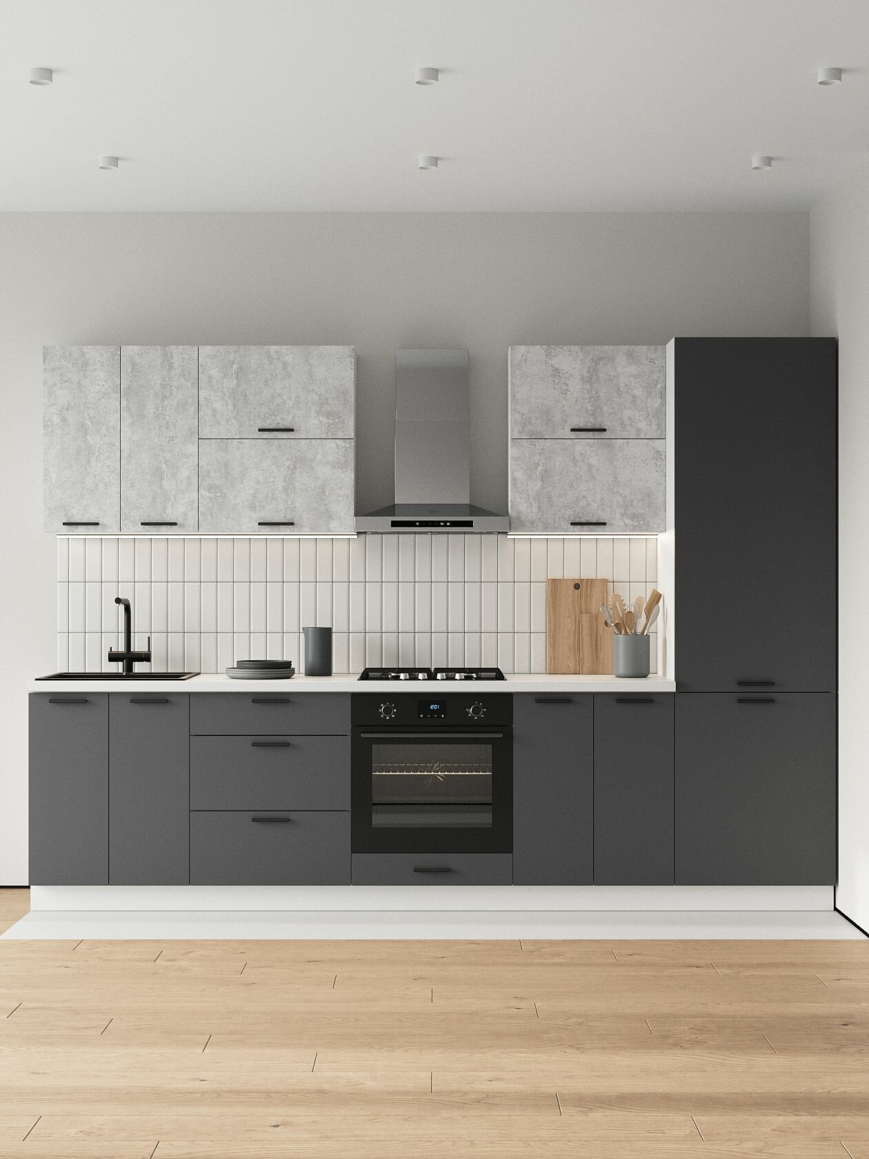 Кухонный гарнитур Урбан 3 м, мебель для дома и кухни, Белый / Цемент светлый / Графит серый