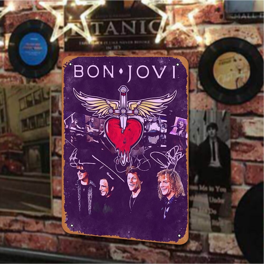 Винтажная металлическая пластина Bon Jovi Band, прямоугольная железная картина, настенный декор 20x30 см