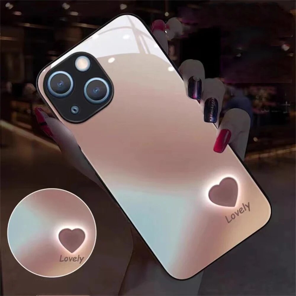 Чехол для телефона из закаленного стекла Diamond Love Heart Design Smart Айфон 16 Про, Colorful LED
